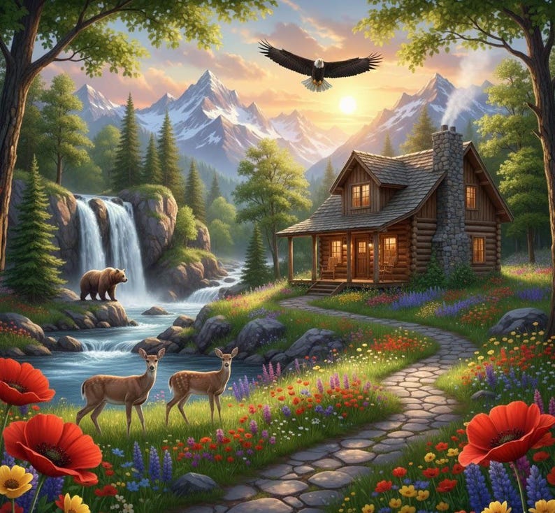 Abundant Wildlife Mountain Cabin Wilderness Puzzle | Scenic Nature ...