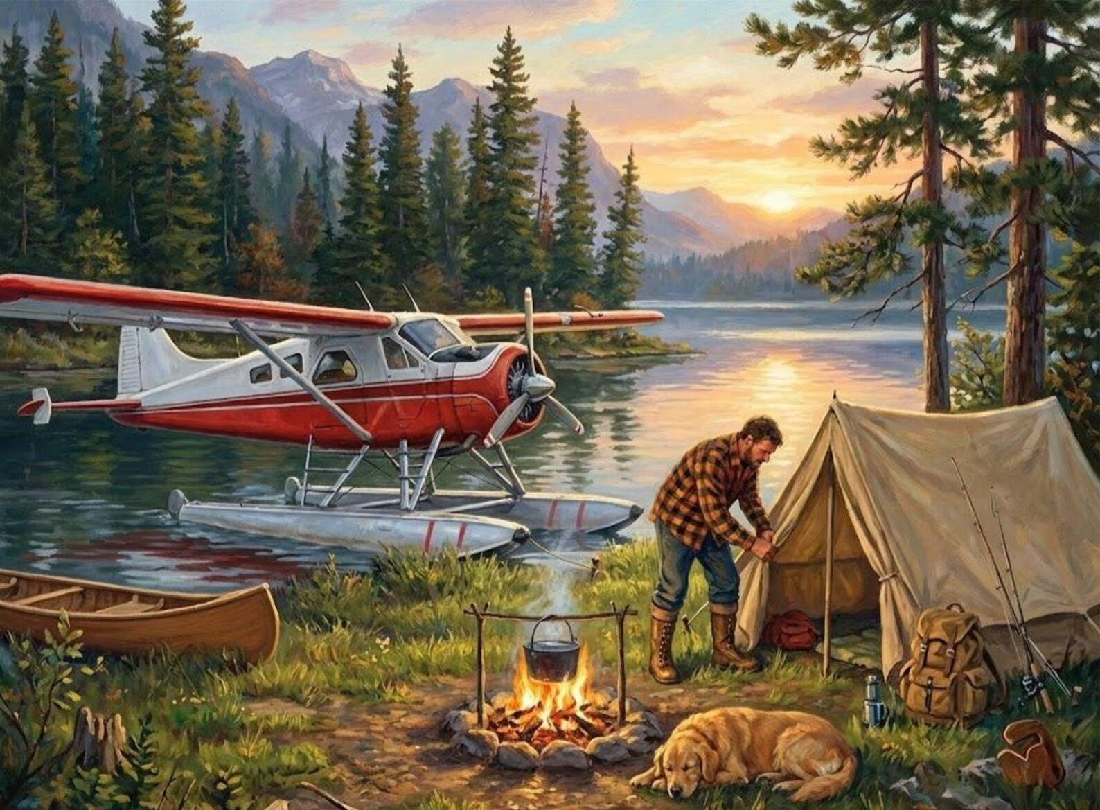 Seaplane Lakeside Camping Puzzle | Scenic Wilderness Campfire Jigsaw - Etsy