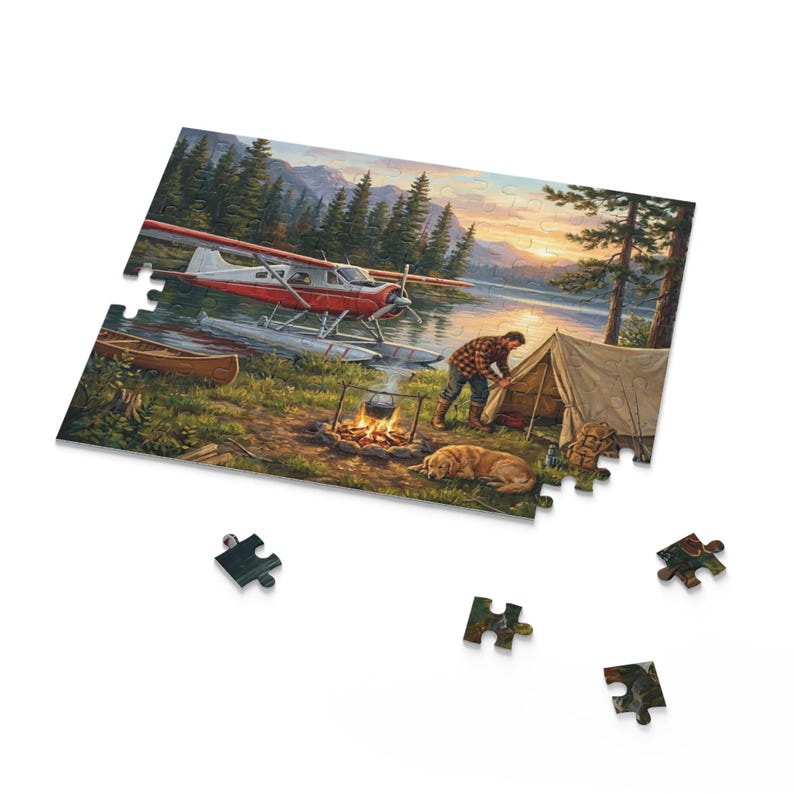 Seaplane Lakeside Camping Puzzle | Scenic Wilderness Campfire Jigsaw - Etsy