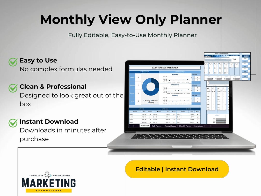 Monthly View Only Planner | Excel & Google Sheets Template - Etsy