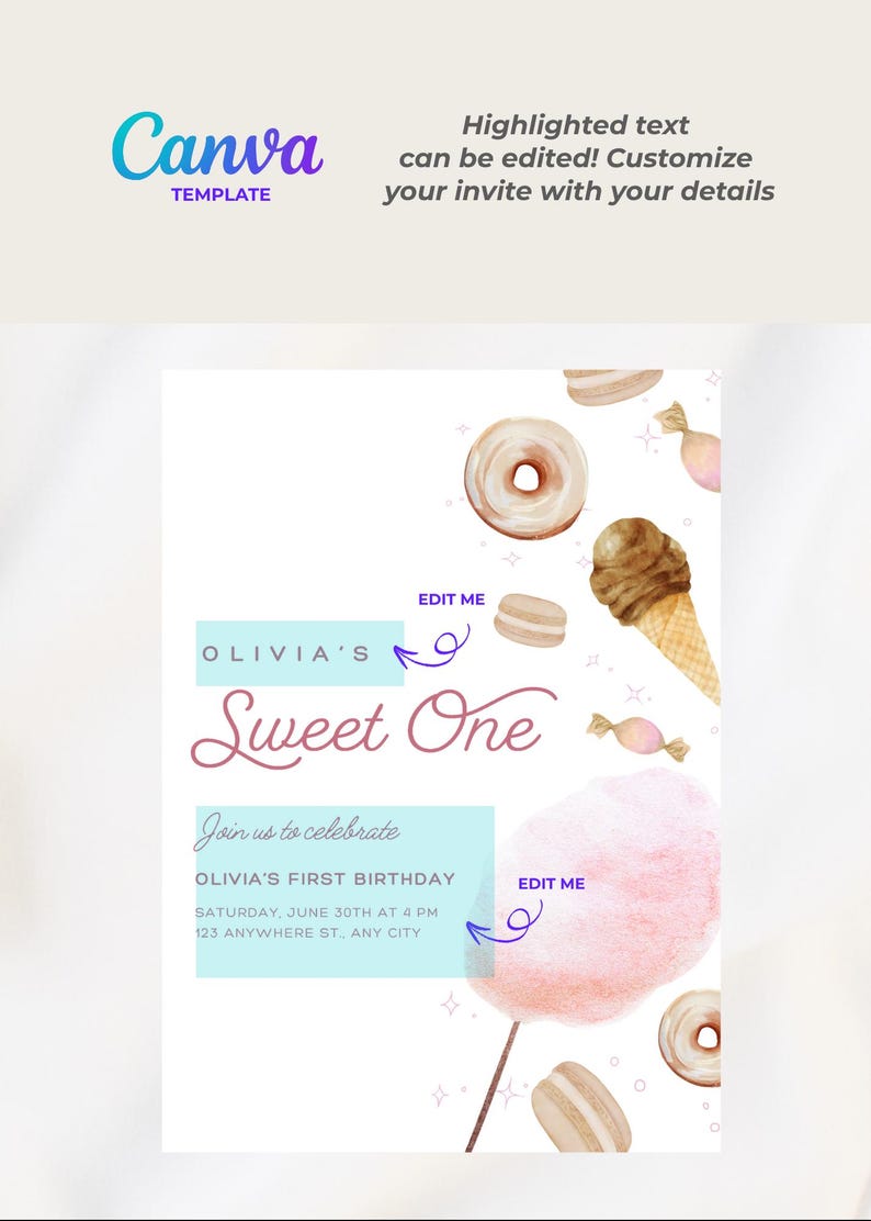Sweet One Birthday Invitation: Candy Dessert Theme (canva Template) - Etsy
