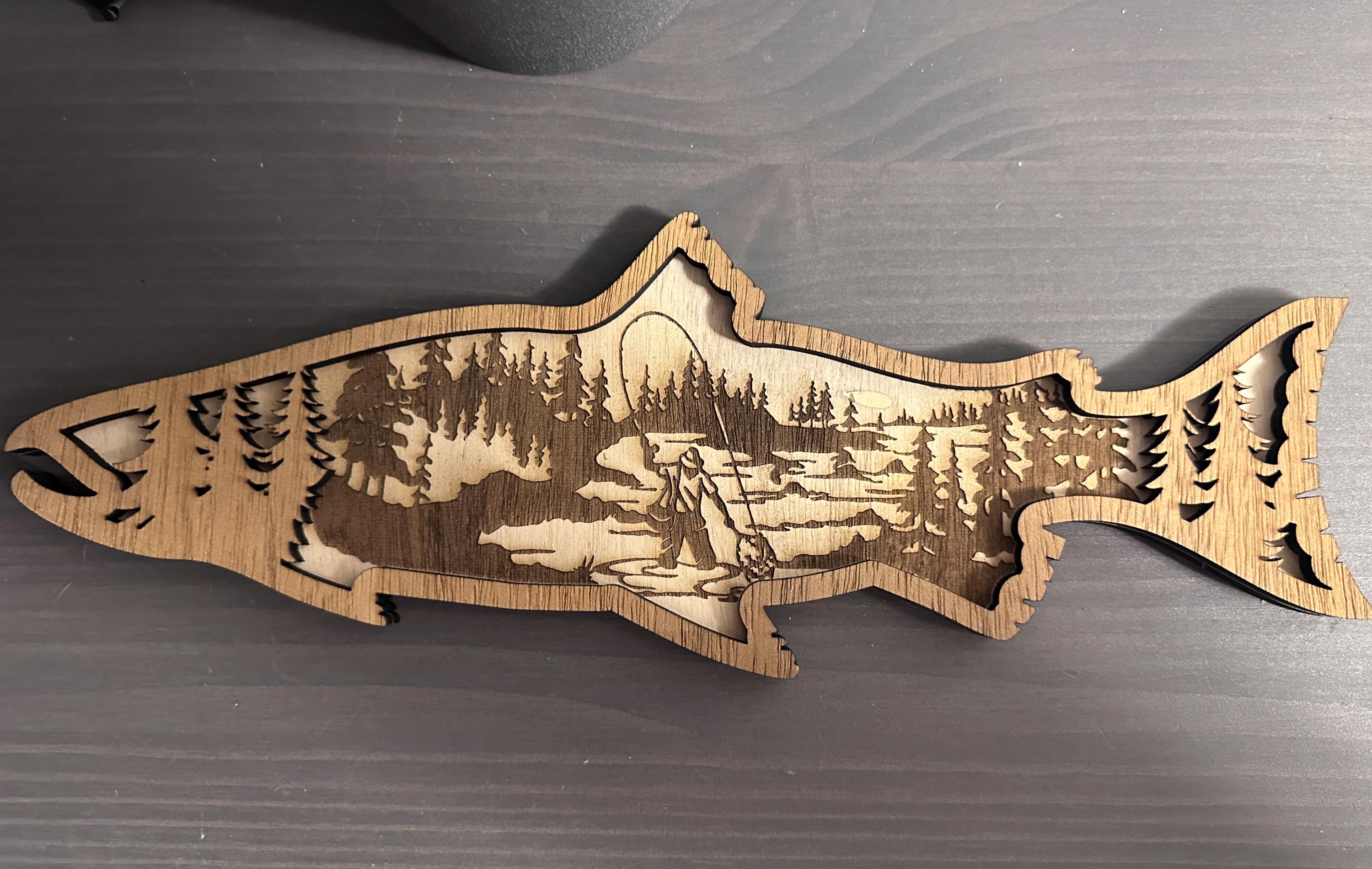 Layered Wooden Fish Wall Art, Laser Cut Fishing Scene, Cabin Decor - Etsy
