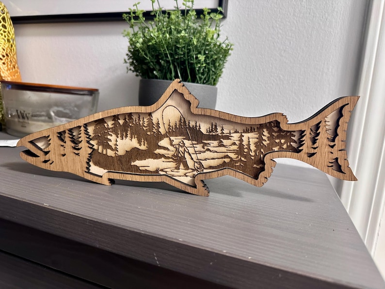 Layered Wooden Fish Wall Art, Laser Cut Fishing Scene, Cabin Decor - Etsy