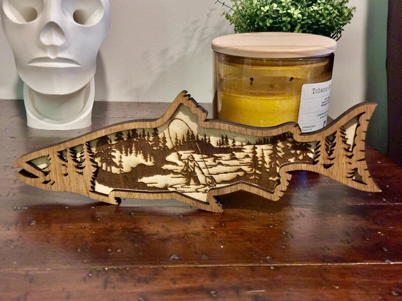 Layered Wooden Fish Wall Art, Laser Cut Fishing Scene, Cabin Decor - Etsy