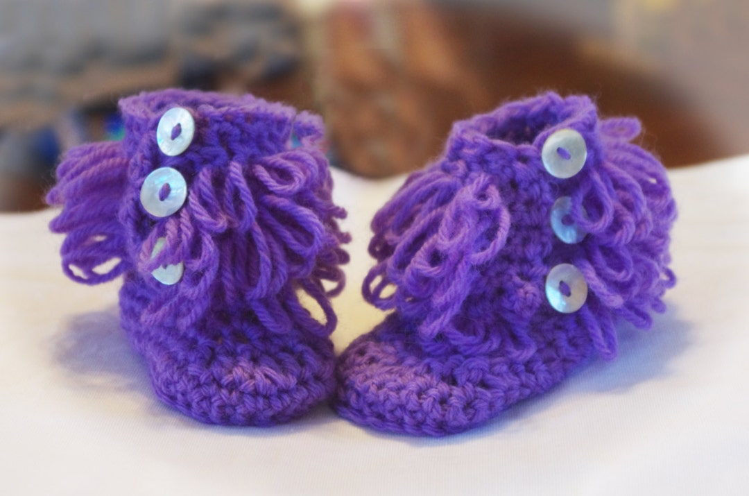 Crochet Baby Booties: Lavender Loopy Design With Mother of Pearl ...