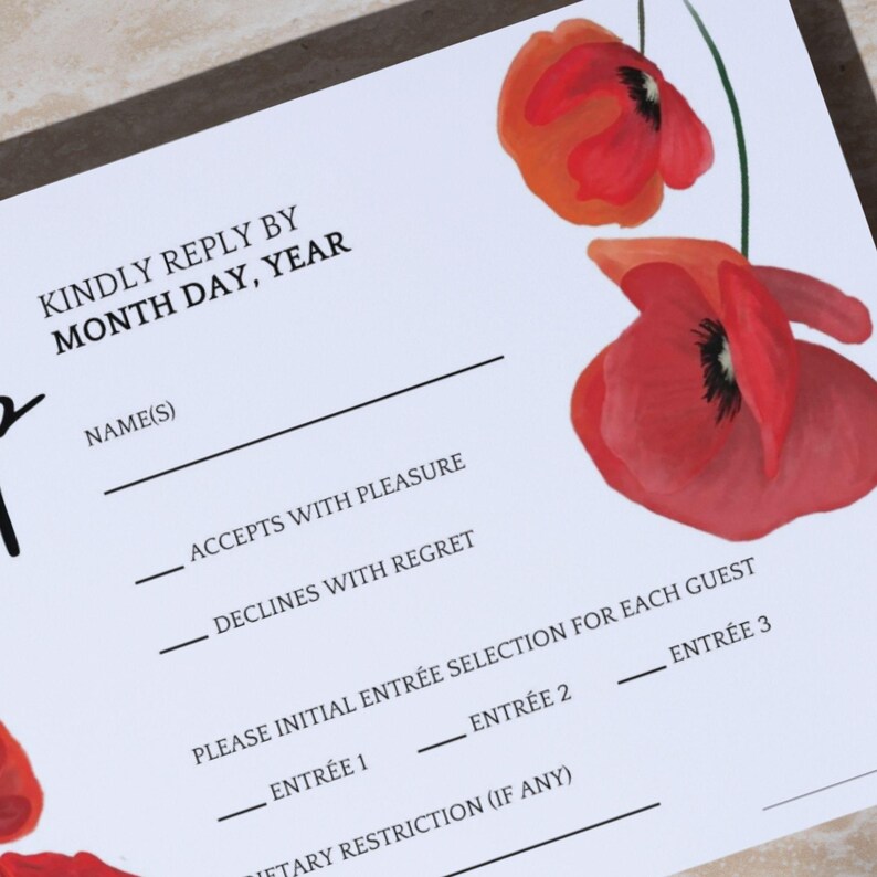 Wedding RSVP Card Template: Poppies (canva Template, Instant Download ...