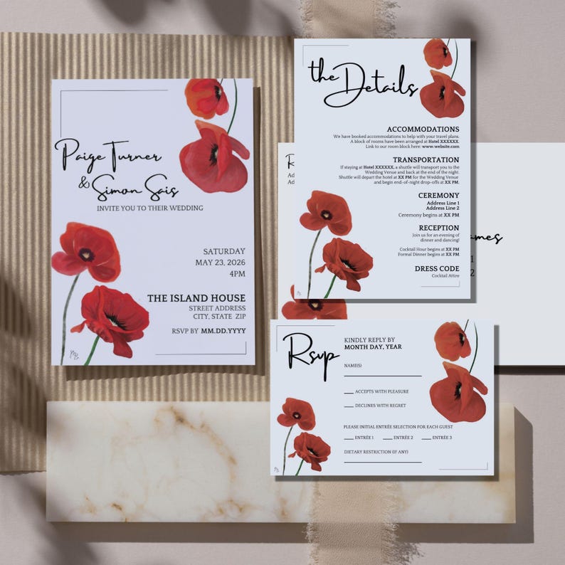 Wedding Invitation Suite Templates: Poppies (canva Templates, Instant ...