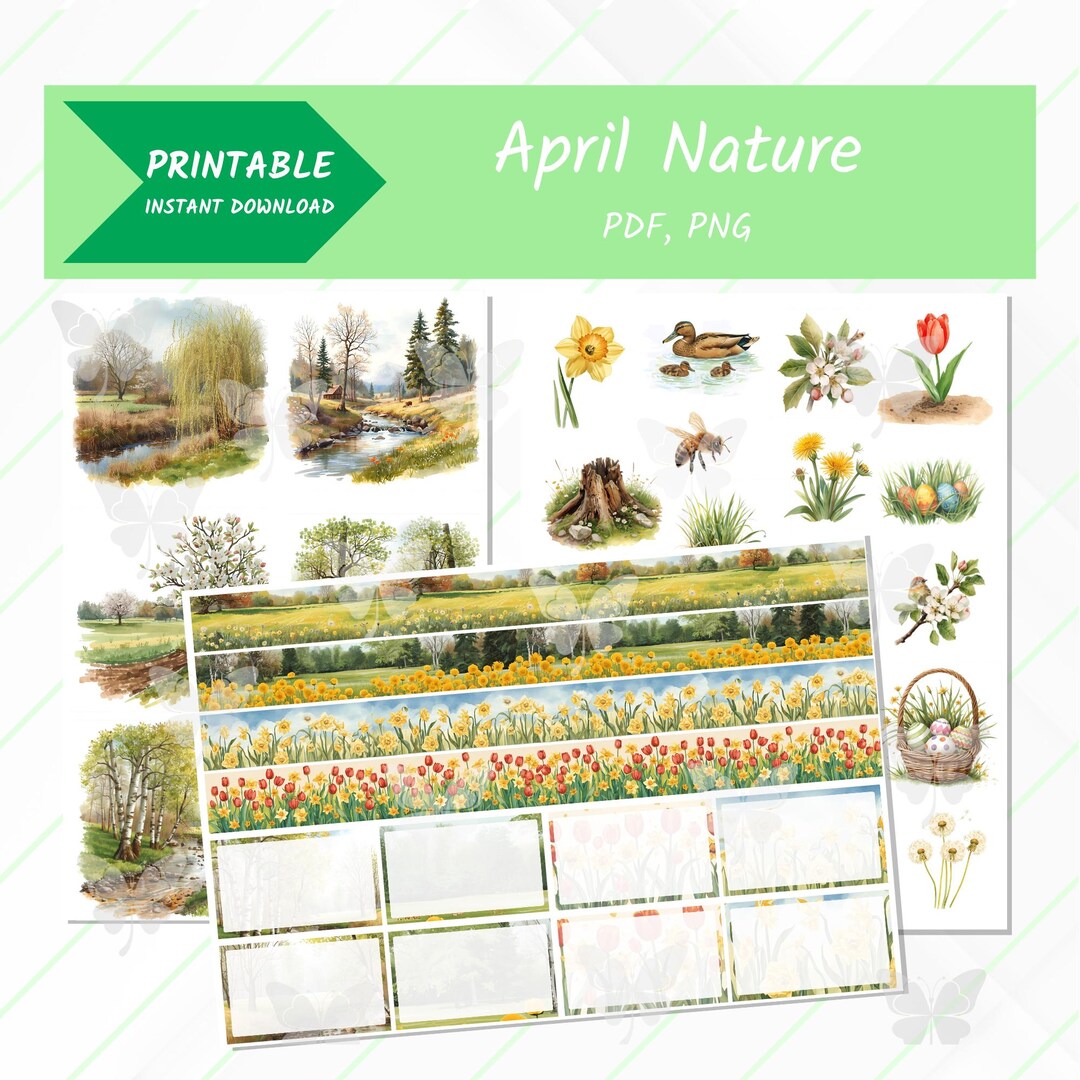 April Nature Printable Stickers, Spring Planner Decoration (PDF, PNG ...