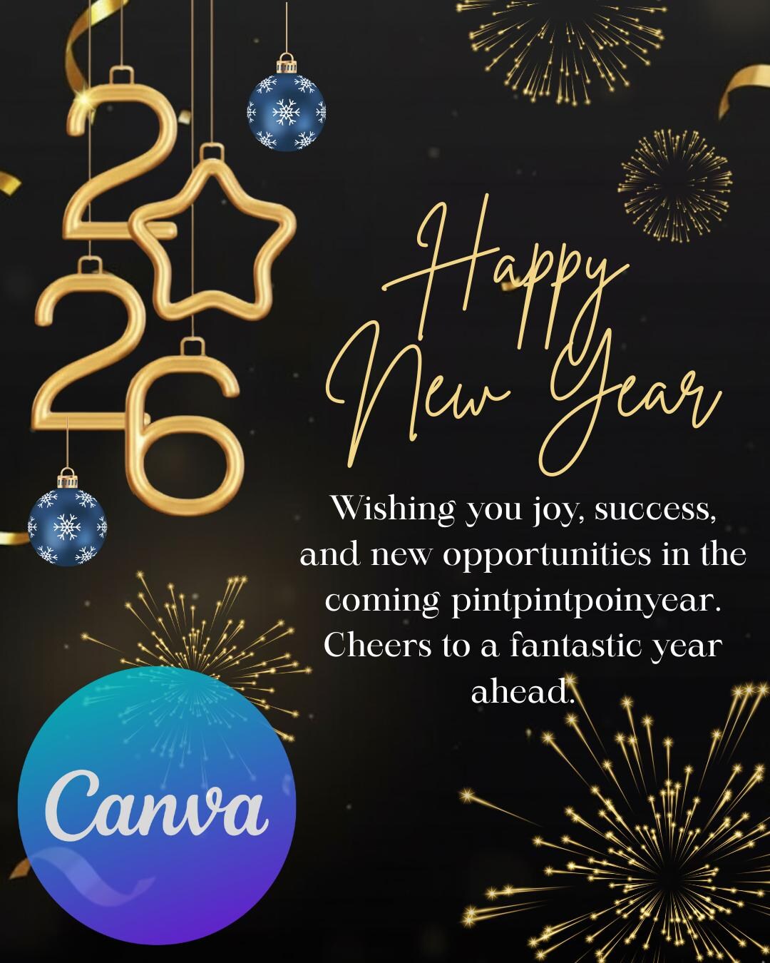 2026 Happy New Year Canva Template | Black & Gold New Year Design ...