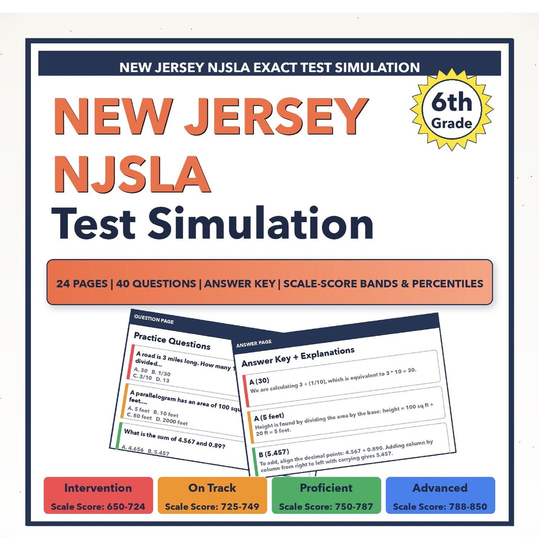 6th Grade New Jersey NJSLA Math Test Simulation | All 4 Levels (650-850 ...