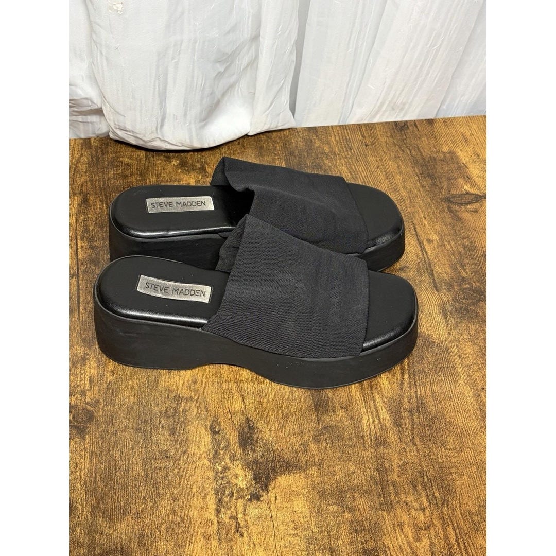 Steve Madden Slinky 30 Platform Slides Women 7.5 Black Stretch Slip on ...