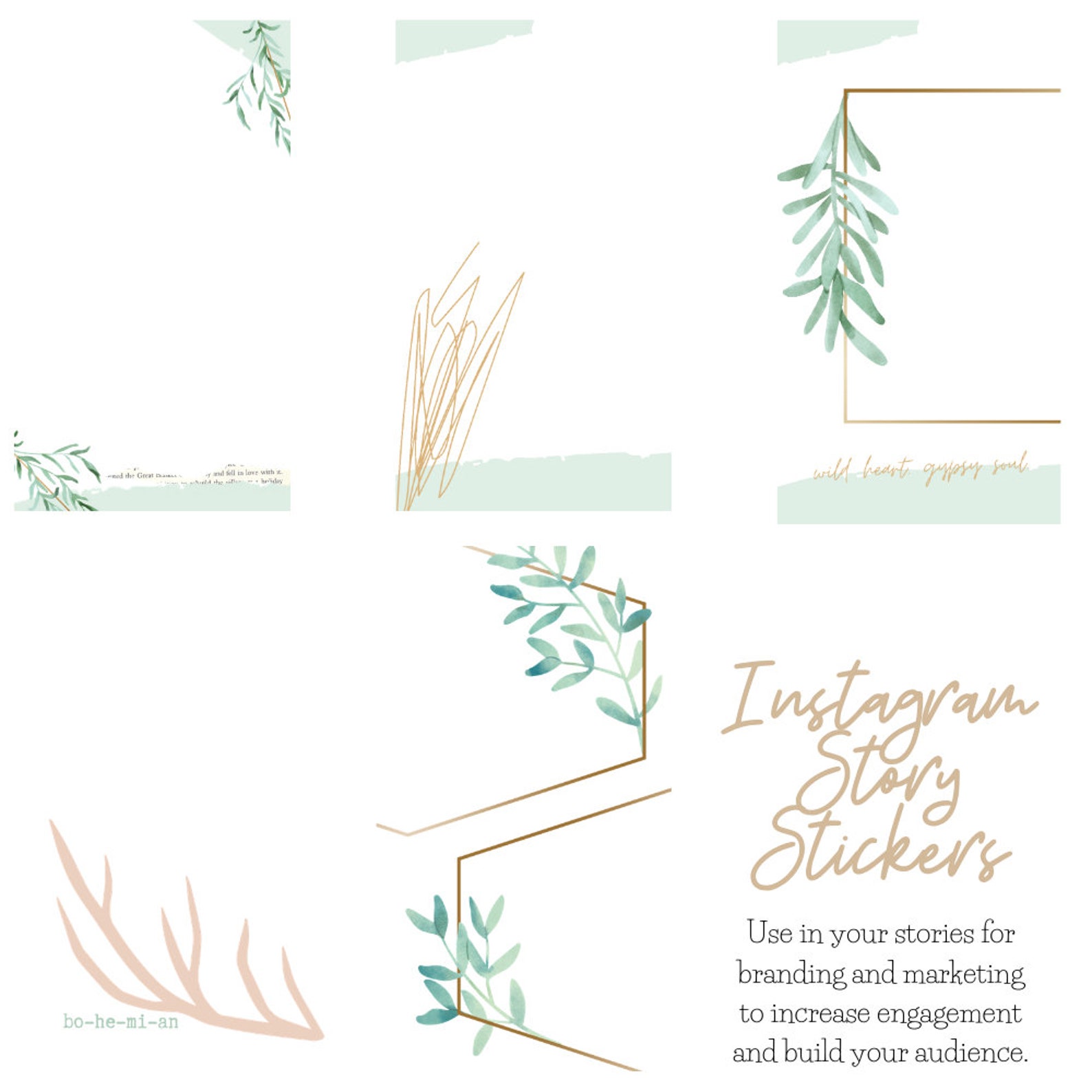 BOHO LEAF Sticker & GIF Bundle Instagram Stories Social Media Branding ...