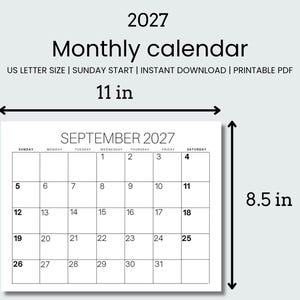 2027 Monthly Calendar Printable, US Letter Size, Sunday Start, Pdf ...