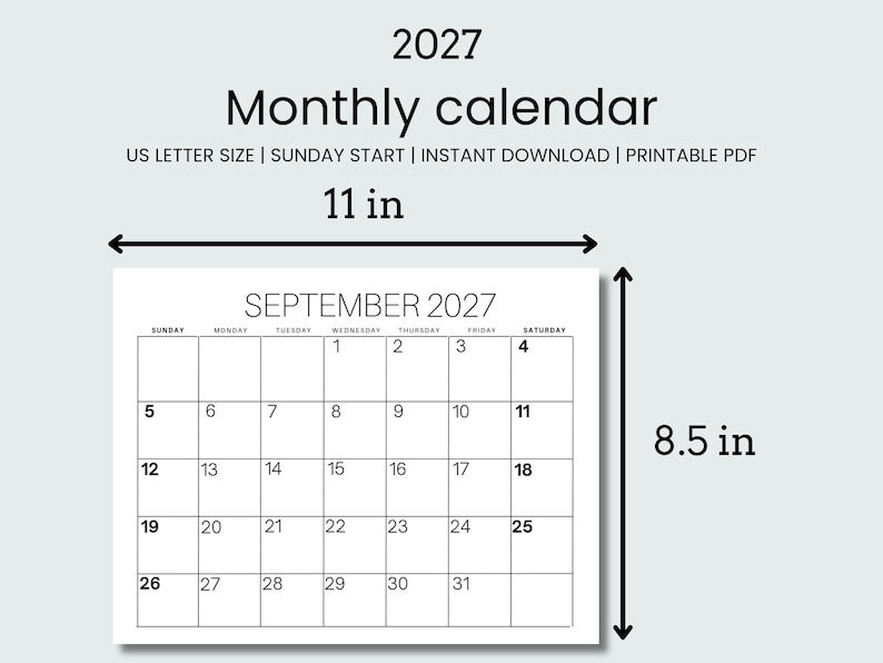 2027 Monthly Calendar Printable, US Letter Size, Sunday Start, Pdf ...