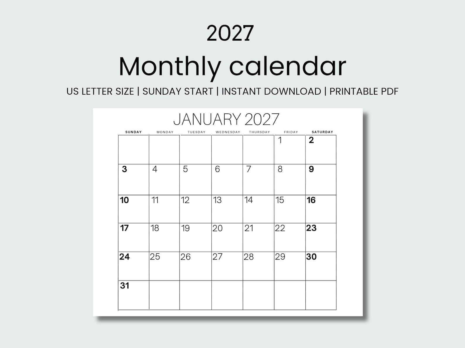 2027 Monthly Calendar Printable, US Letter Size, Sunday Start, Pdf ...