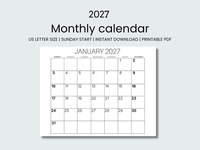 2027 Monthly Calendar Printable, US Letter Size, Sunday Start, Pdf ...