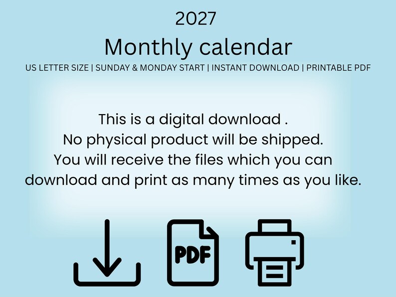 2027 Monthly Calendar Printable, US Letter Size, Monday and Sunday ...