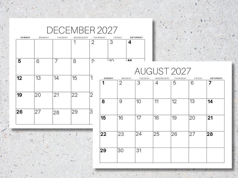 2027 Monthly Calendar Printable, US Letter Size, Sunday Start, Pdf ...