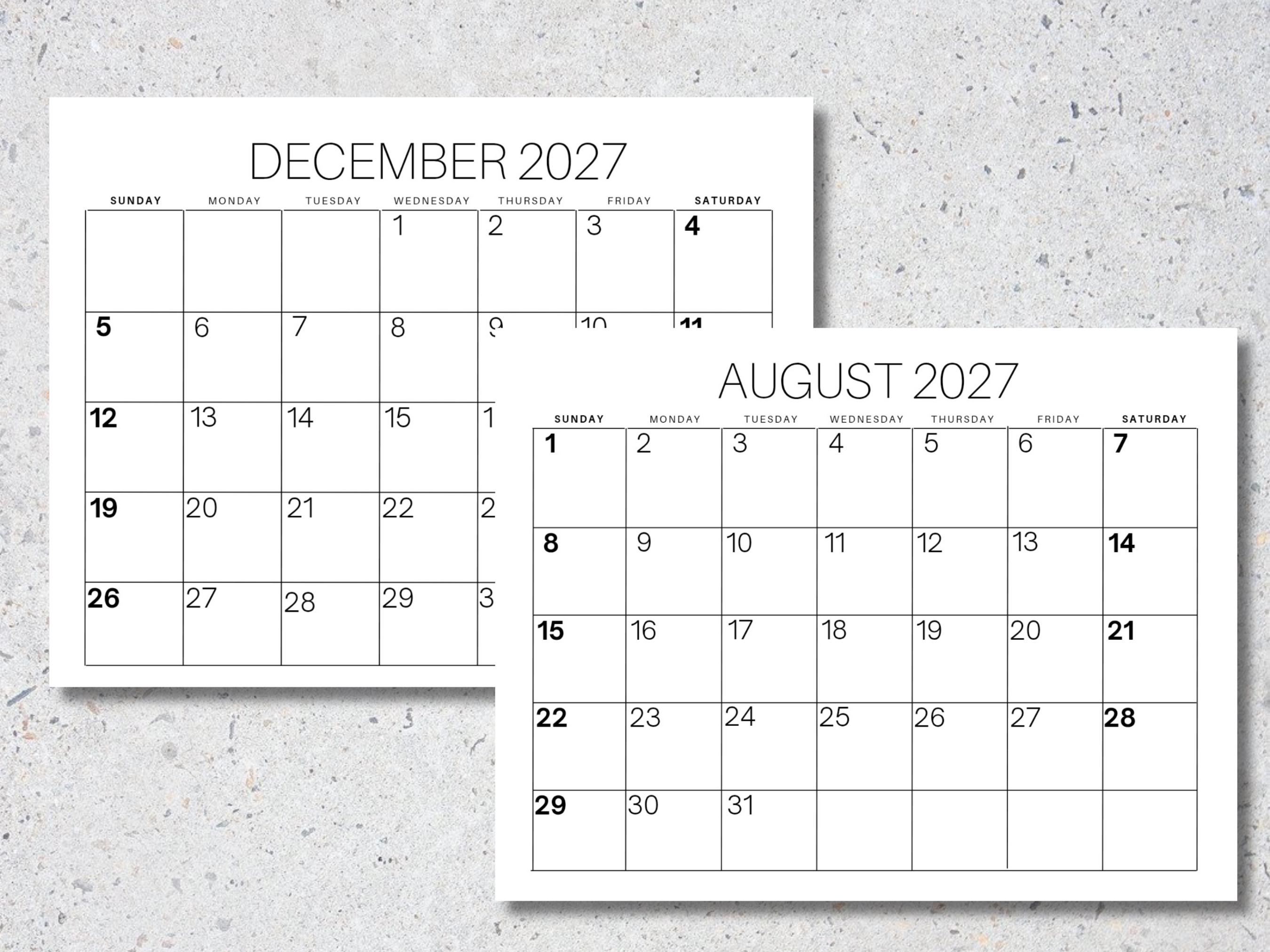 2027 Monthly Calendar Printable, US Letter Size, Sunday Start, Pdf ...