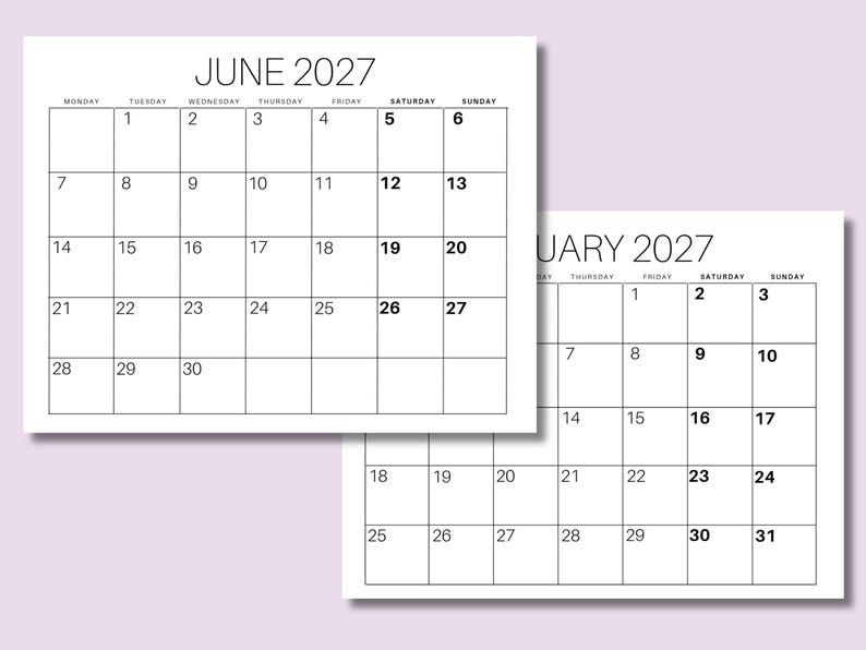 2027 Monthly Calendar Printable, US Letter Size, Monday Start, Pdf ...