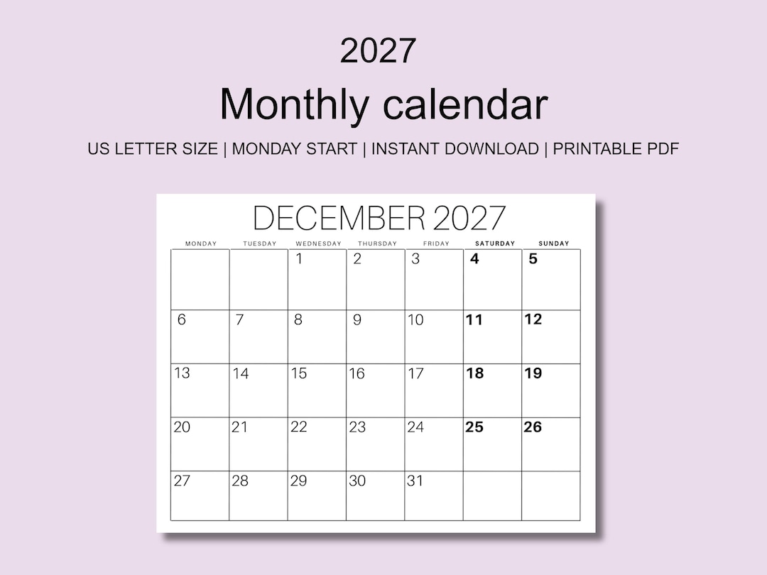 2027 Monthly Calendar Printable, US Letter Size, Monday Start, Pdf ...