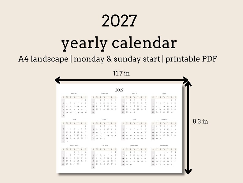 2027 Yearly Calendar Printable, Minimalist Calendar, A4 Landscape ...
