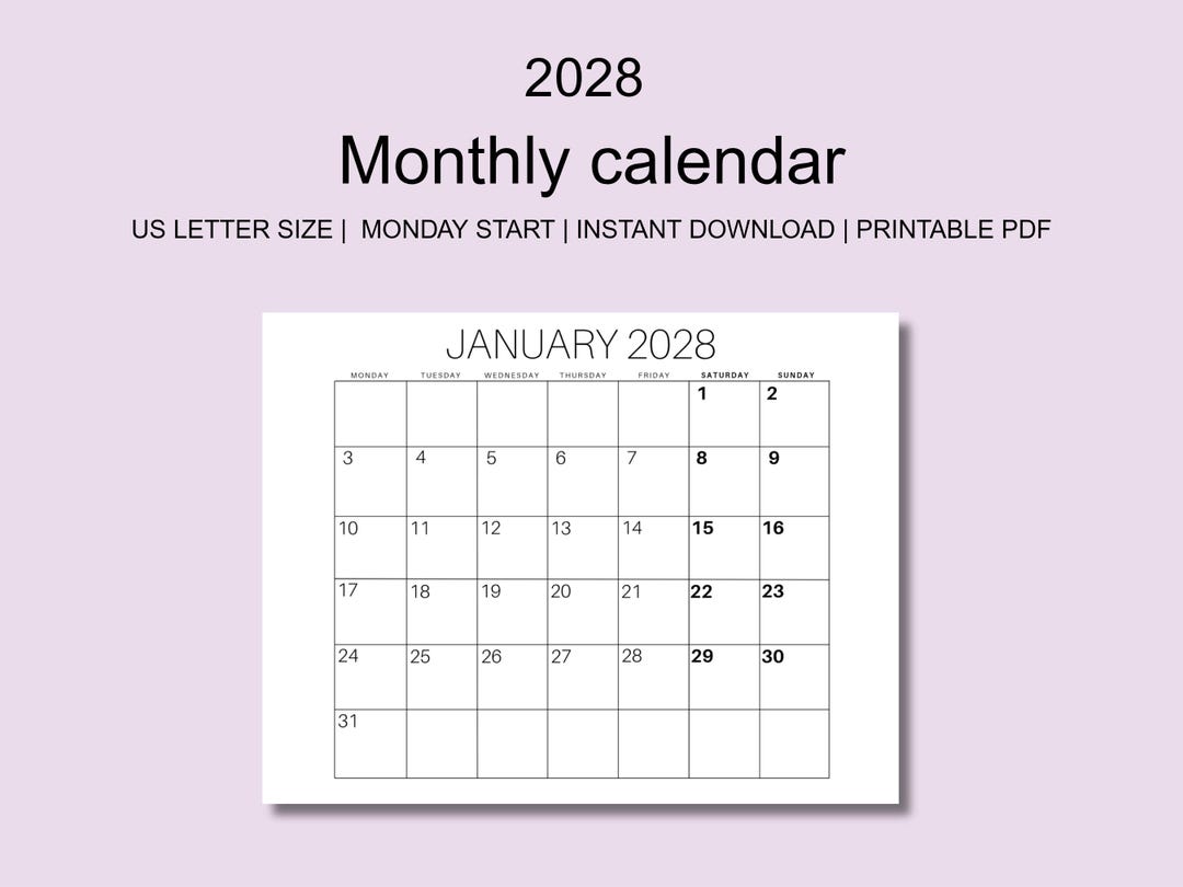 2028 Monthly Calendar Printable, US Letter Size, Monday Start, Pdf ...
