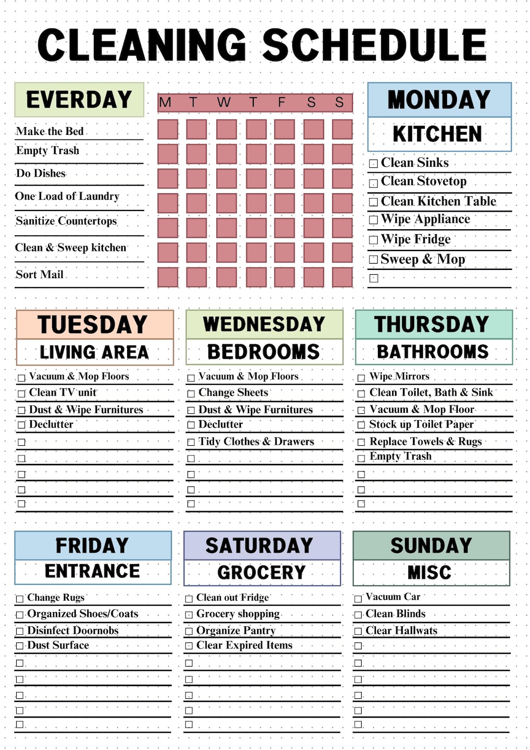 Printable Cleaning Schedule | Daily, Weekly, Monthly Chore List ...