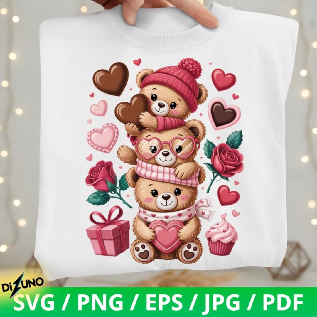 Preppy Valentine Teddy Bear Stack PNG, Trendy Bear Design (digital ...
