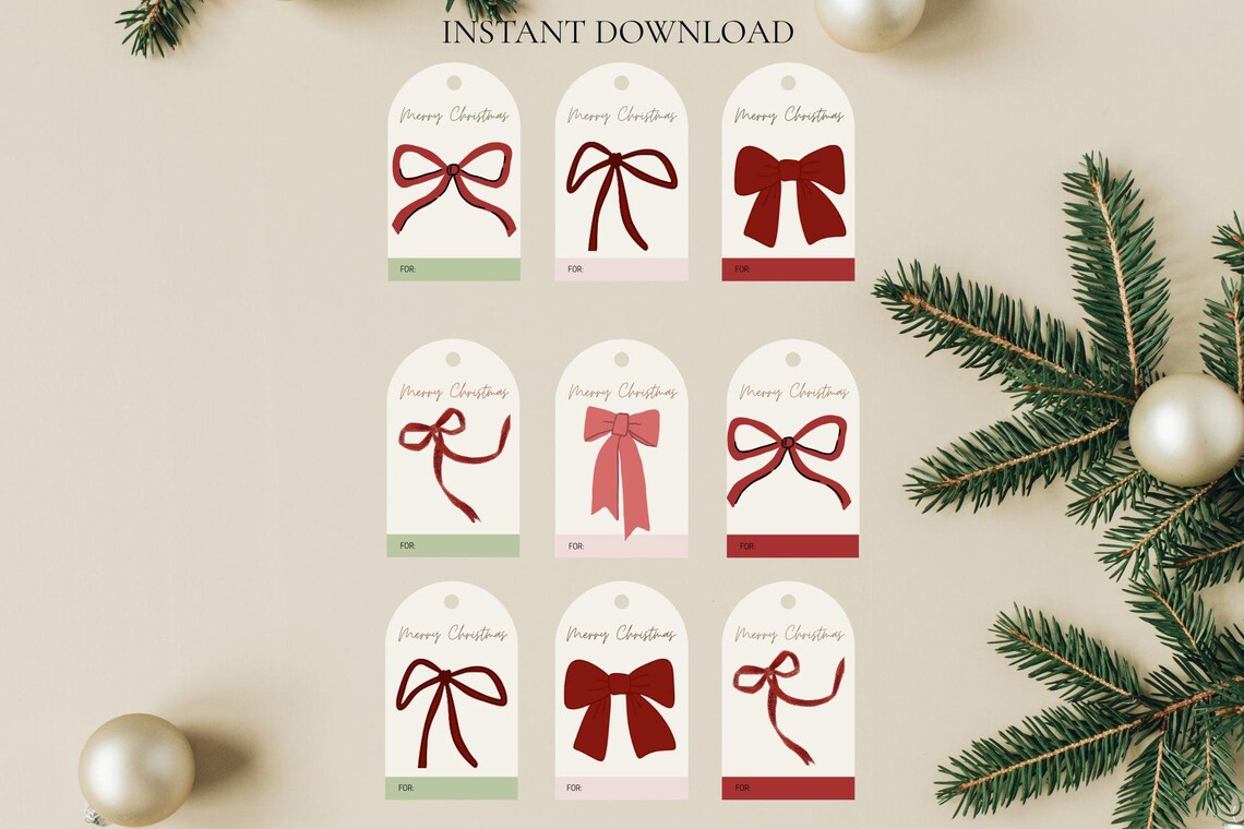 Red Bow Christmas Gift Tags, Printable Holiday Labels (digital Download ...