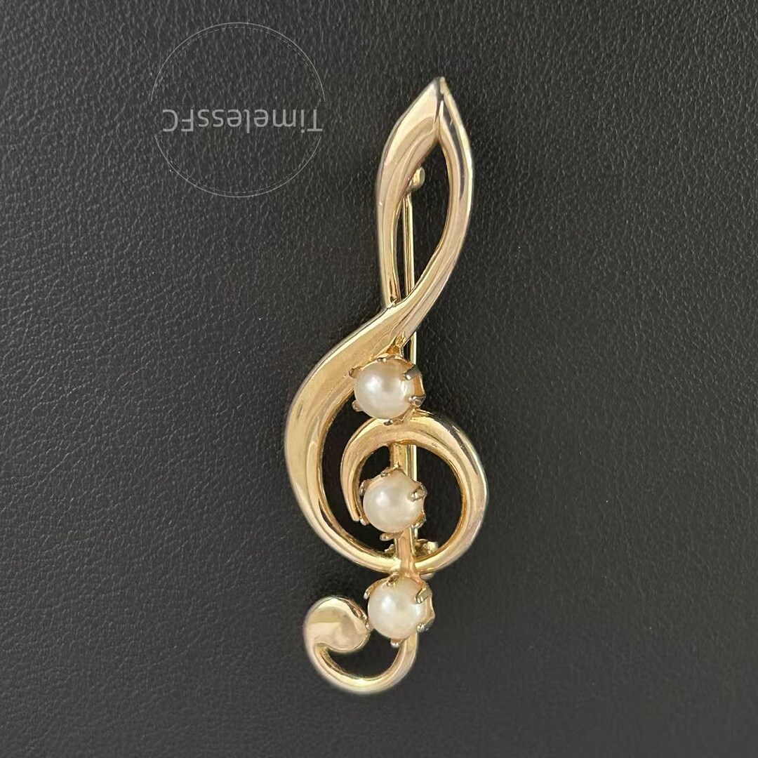 Vintage Gold Treble Clef Brooch Faux Pearl Music Note Pin Musician Gift ...