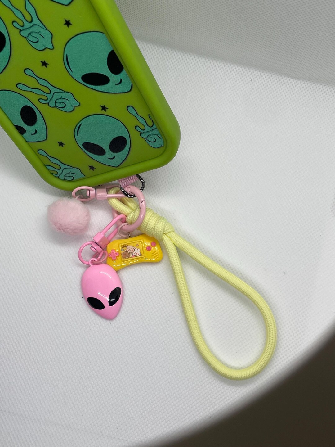 Kawaii Alien Phone Wrist Strap | Pastel Pink Charm & Mini Gamer Control ...