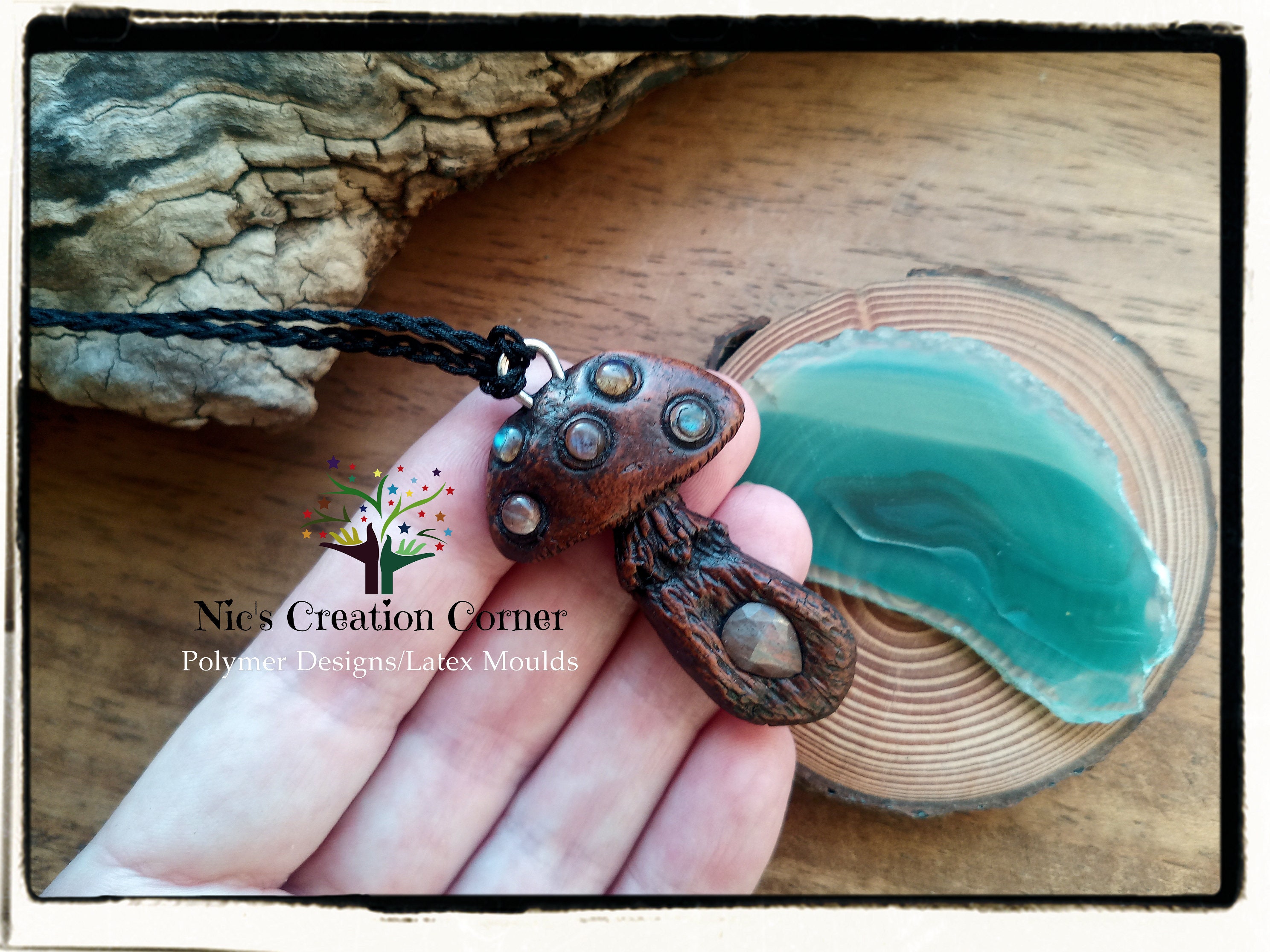 Labradorite Shroom/Mushroom Epoxy Clay Pendant/Necklace.