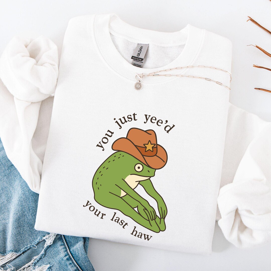 Cowboy Frog Sweatshirt, Funny Frog Meme Sweater, Yeehaw Frog Crewneck ...