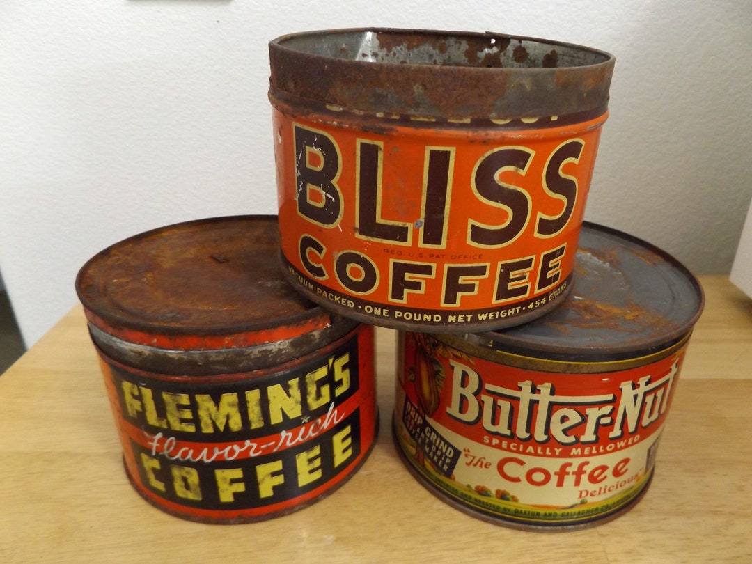 Three Vintage Coffee Cans / Butter-nut Coffee / Bliss Coffee / Flemings ...
