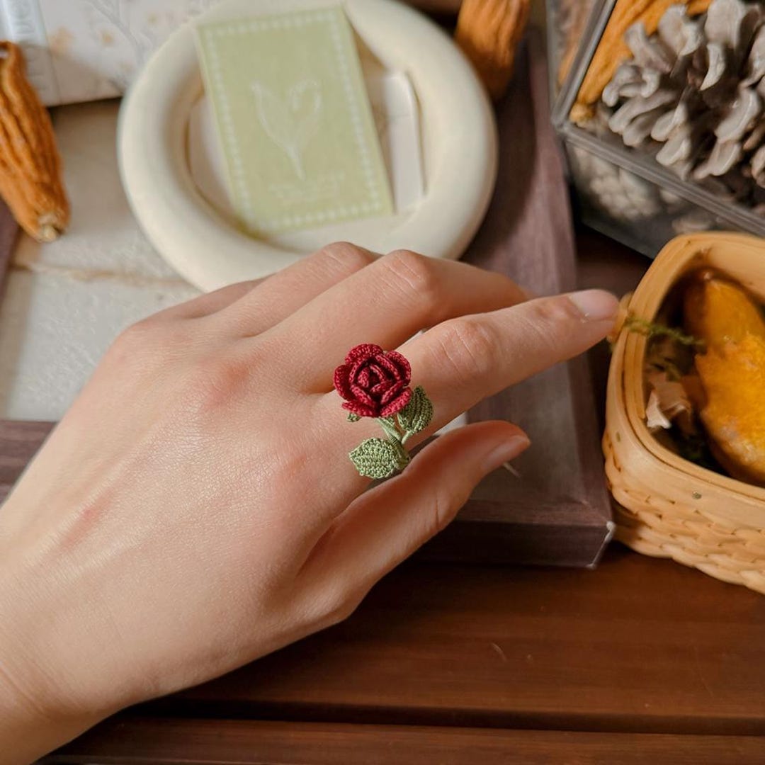 Hand Crocheted Rose Ring,adjustable Handmade Flower Ring,crochet Floral ...