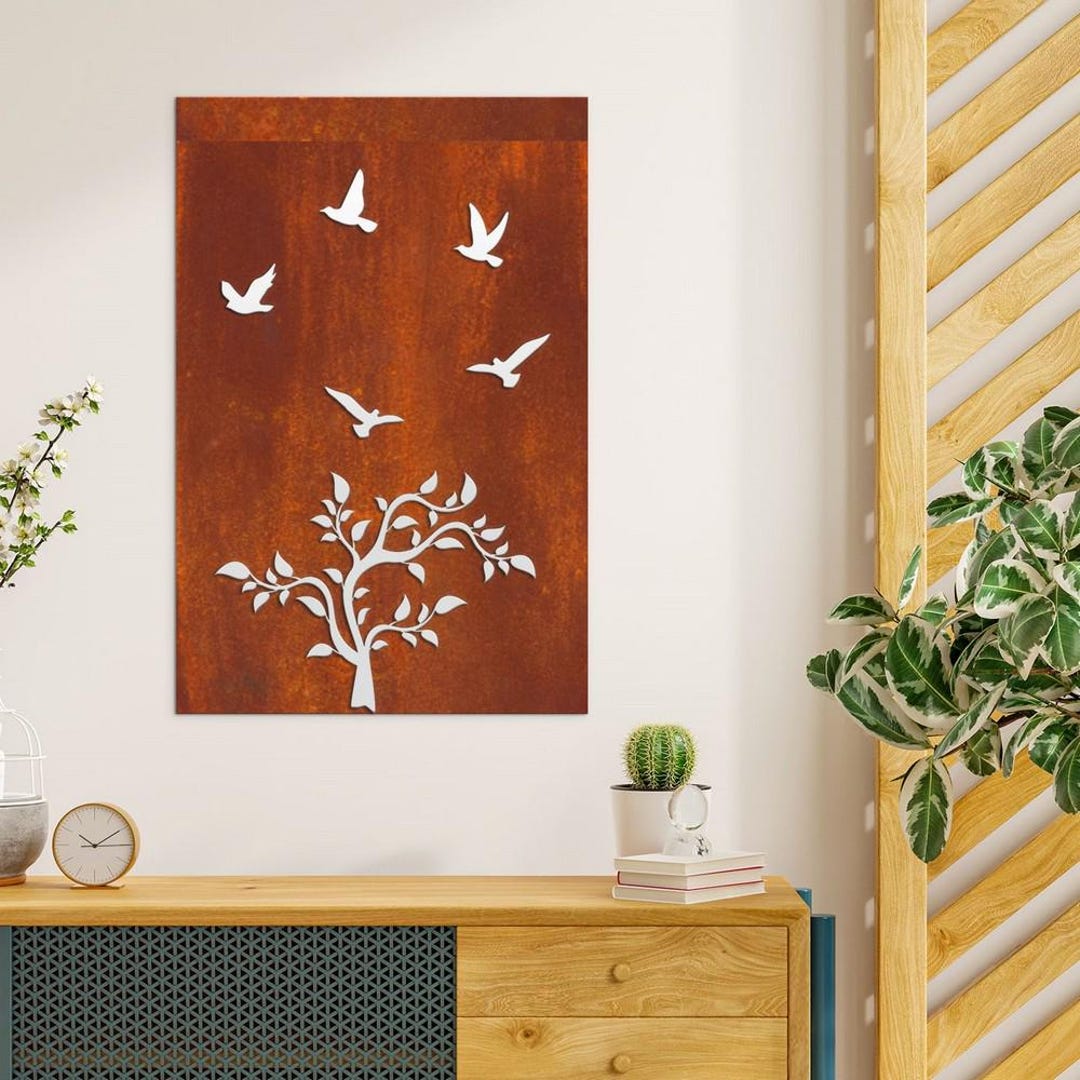 Corten Steel Birds & Tree Wall Art, Stainless Steel Accents - Etsy