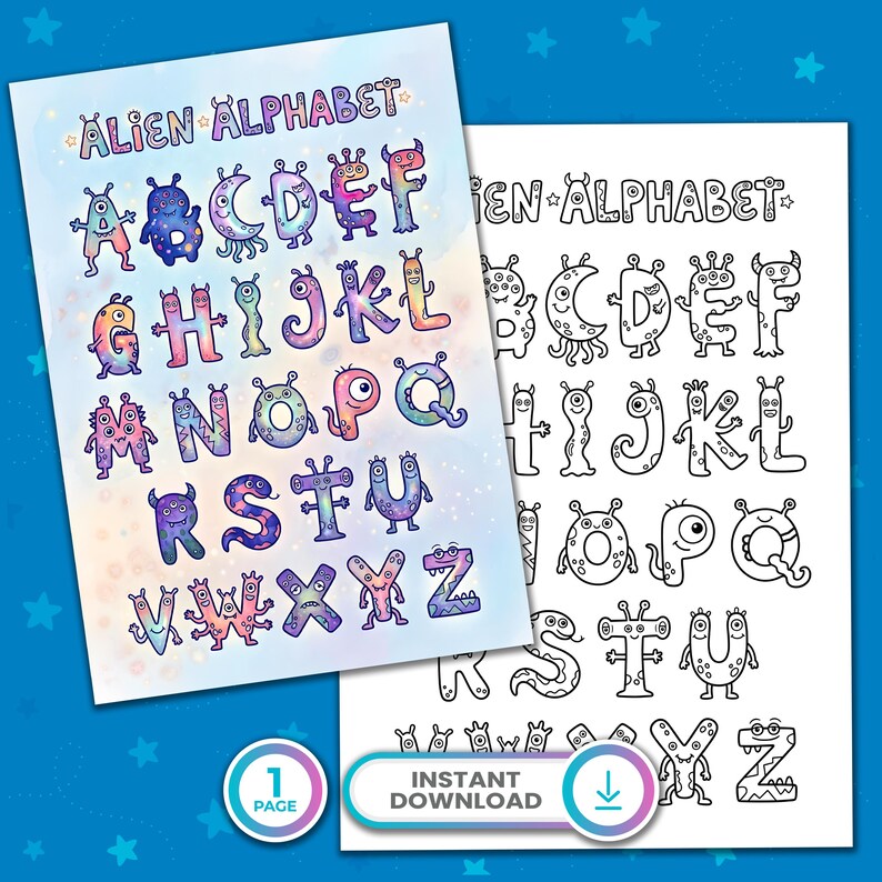 Alien Alphabet Coloring Page Printable PDF | ABC Space Alien Letters ...