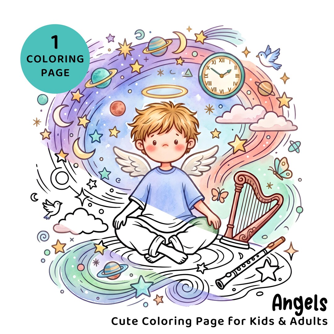 Angel Coloring Page Printable PDF | Cute Angel Boy Stars and Planets ...