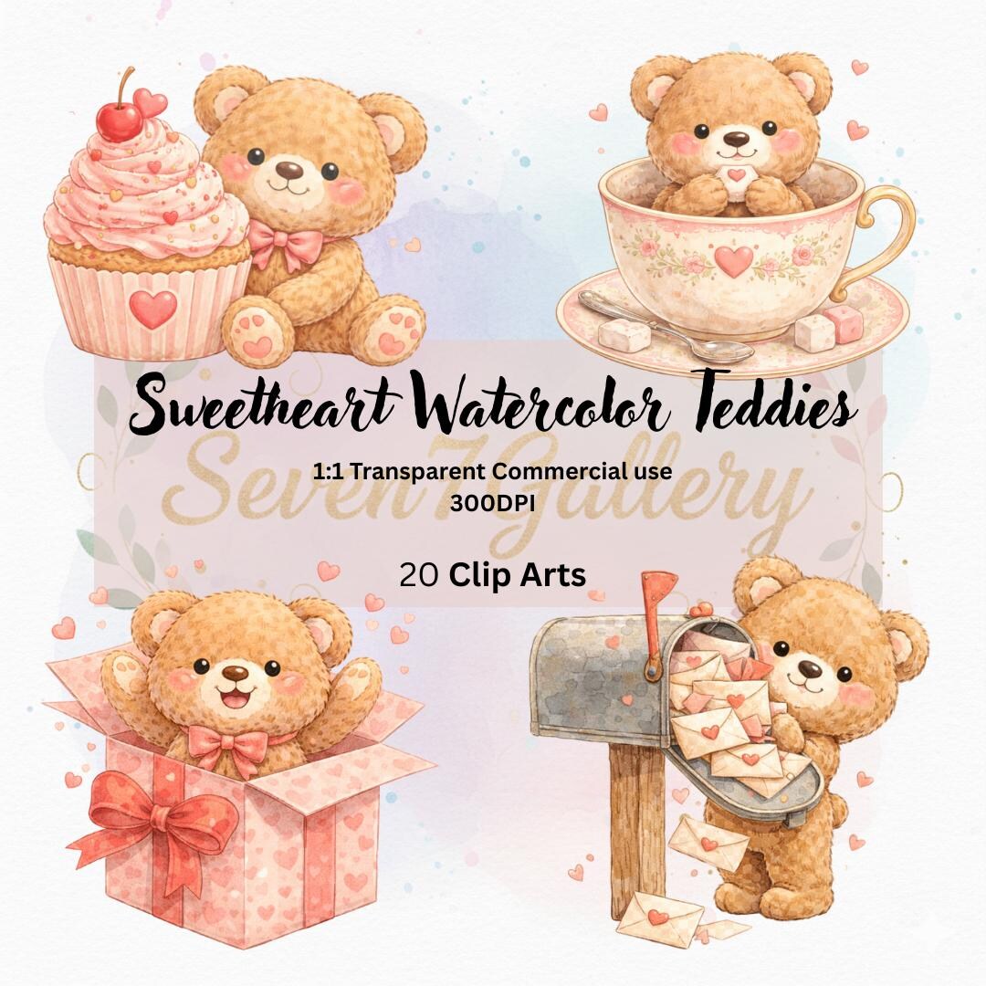 Cute Teddy Bear PNG Set, Watercolor Bear Clipart, Kawaii Bear ...