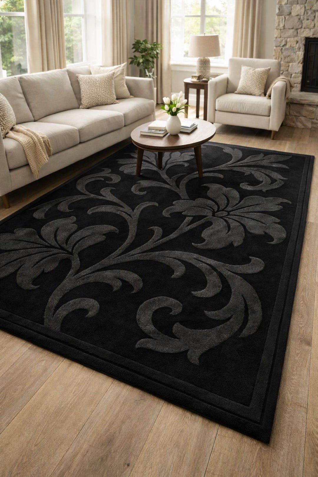 Hand Tufted Wool Area Rug – Black Floral Scroll Pattern, Plush Soft ...