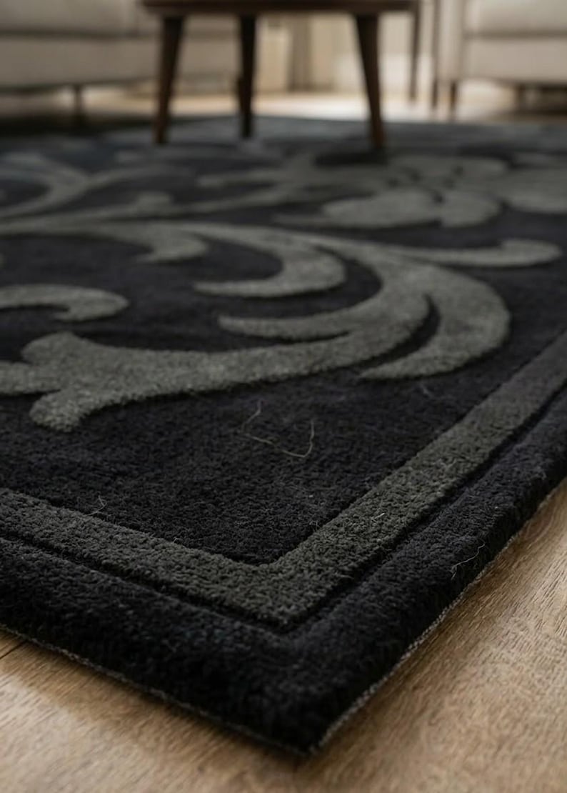 Hand Tufted Wool Area Rug – Black Floral Scroll Pattern, Plush Soft ...