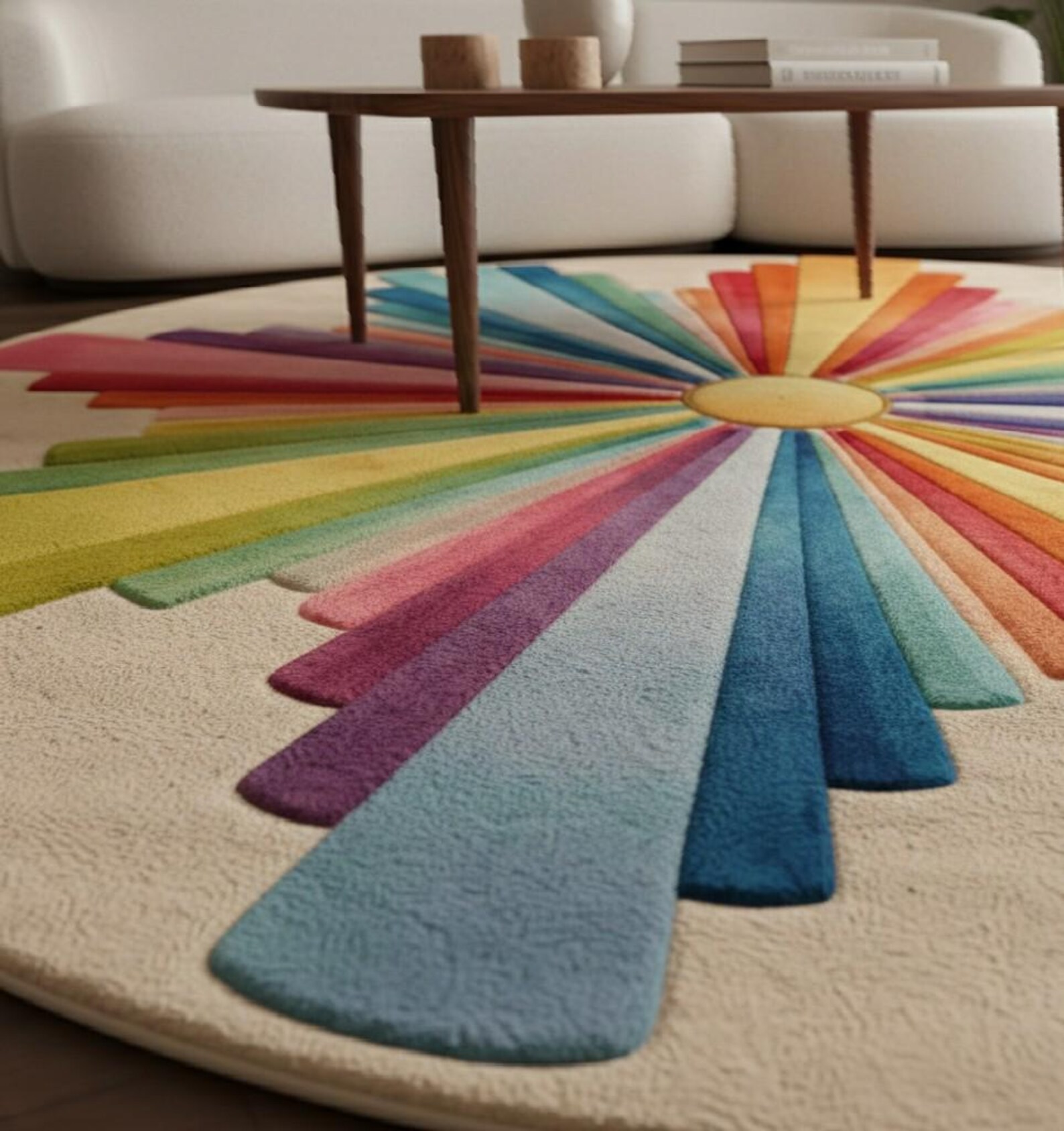 Modern Rainbow Sunburst Round Rug – Hand Tufted Wool Carpet, Colorful ...