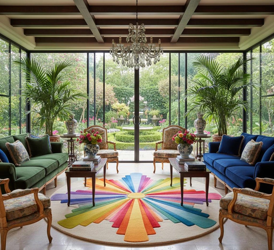 Hand Tufted Wool Rainbow Sunburst Round Rug – Modern Radial Living Room ...