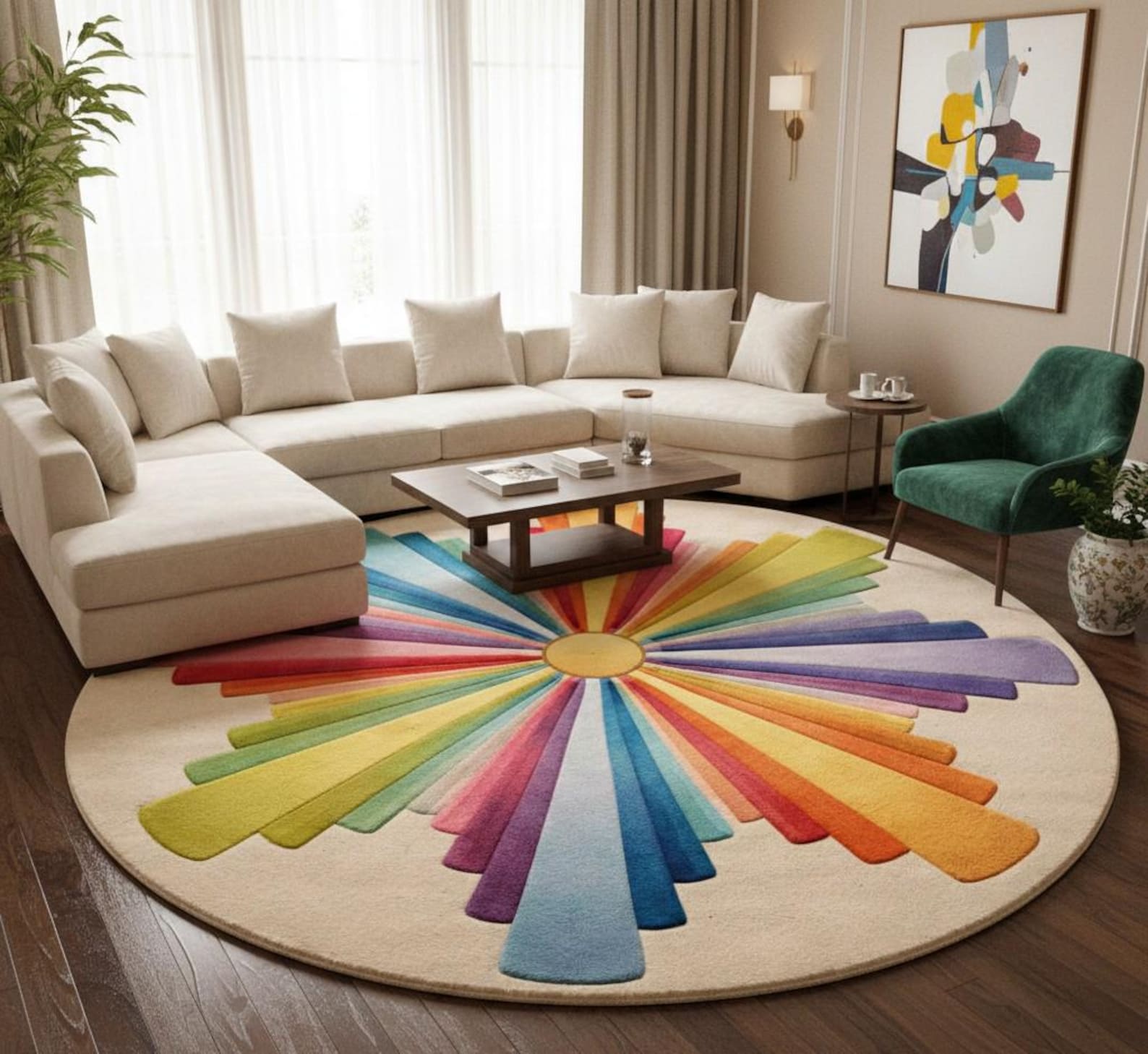 Hand Tufted Wool Rainbow Sunburst Round Rug – Modern Radial Living Room ...