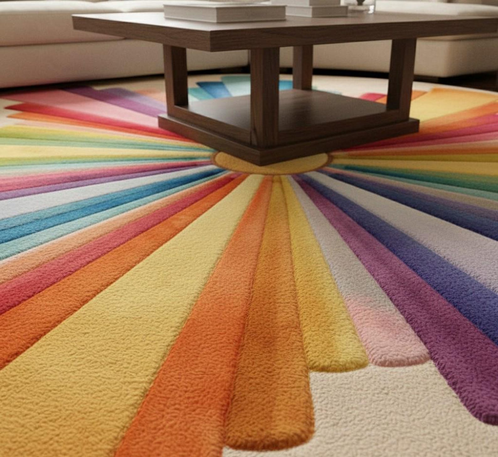 Hand Tufted Wool Rainbow Sunburst Round Rug – Modern Radial Living Room ...