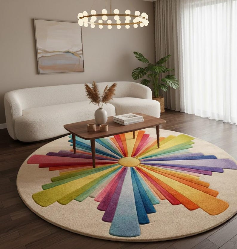 Hand Tufted Wool Rainbow Sunburst Round Rug – Modern Radial Living Room ...
