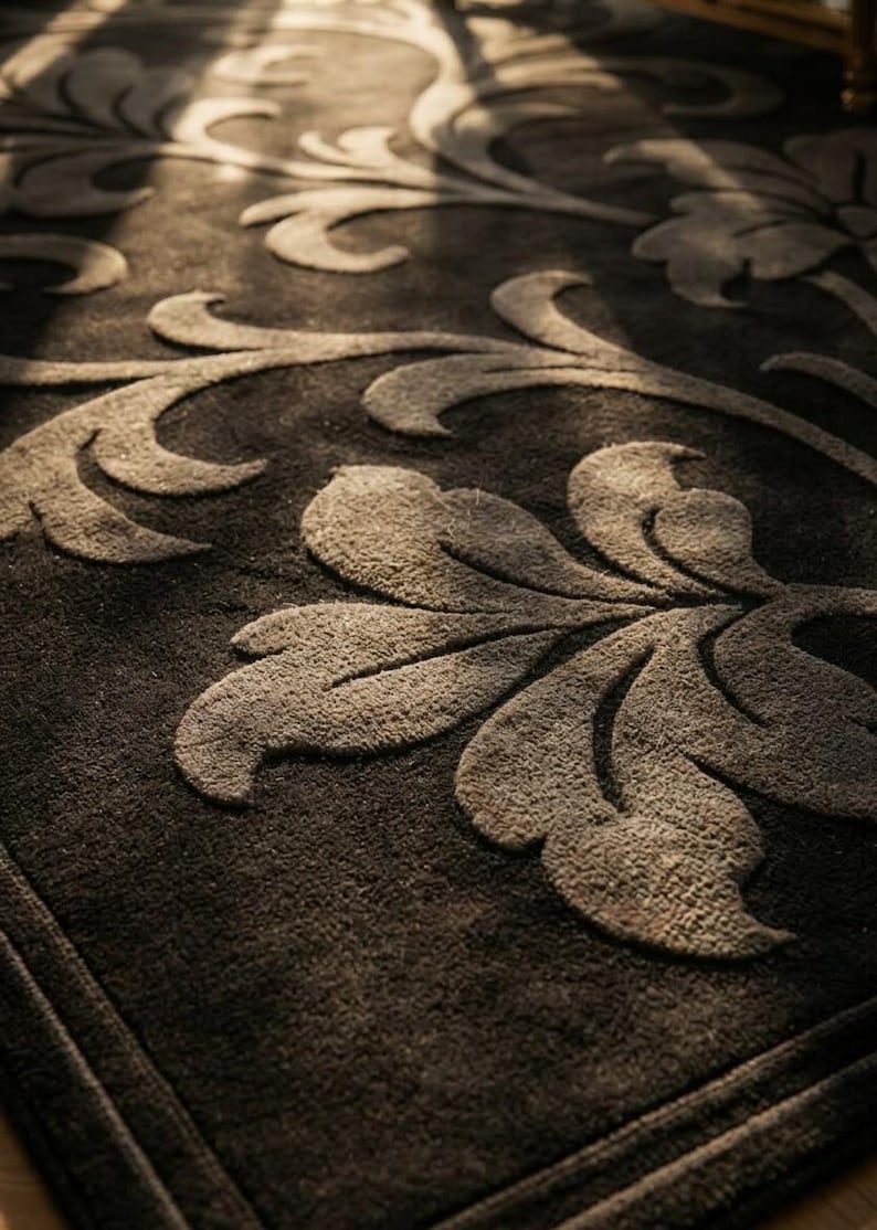 Hand Tufted Wool Area Rug – Black Floral Scroll Pattern, Plush Soft ...