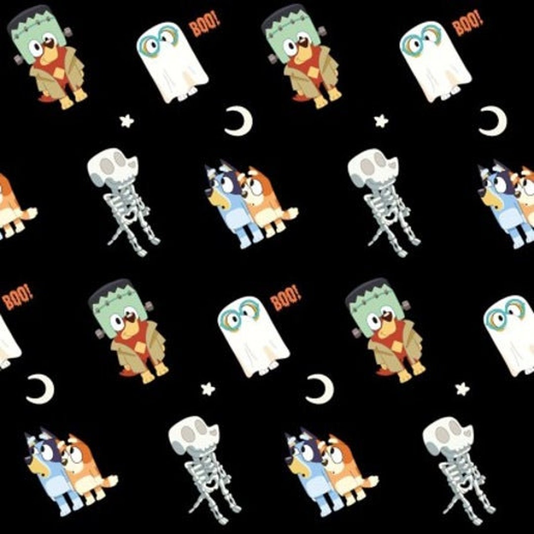 Bluey BBC Skeleton Boo Bluey Black Cotton Fabric cortado a medida ...