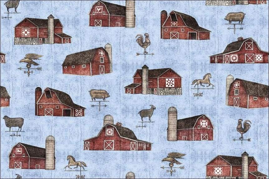 Dan Morris Bountiful Red Barn Toss Blue 25980B Fabric by the | Etsy